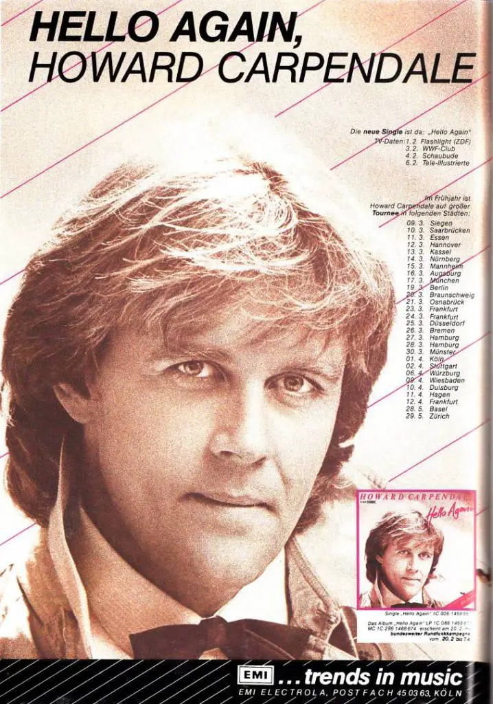 HOWARD CARPENDALE: Vor 40 Jahren erstmals "Hello Again" in den Charts ...